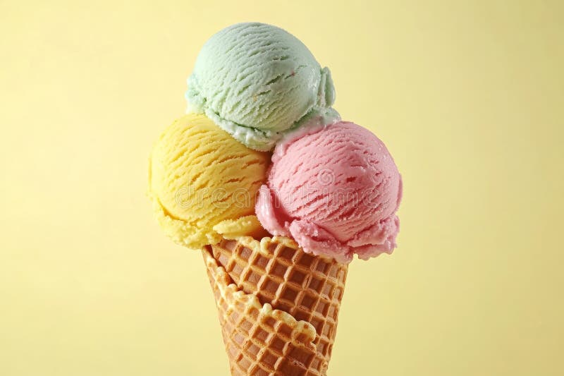 Close-up View of a Waffle Cone Showcasing Three Vibrant Scoops of Ice Cream in Pastel Colors ...