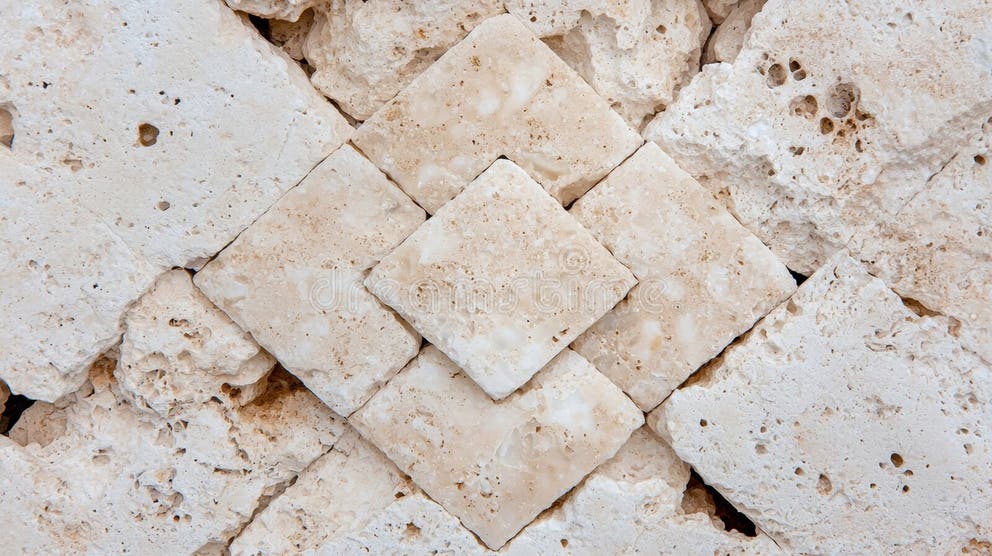 A Close-up View of a Wall Made of Beige Stone Tiles Arranged in a ...