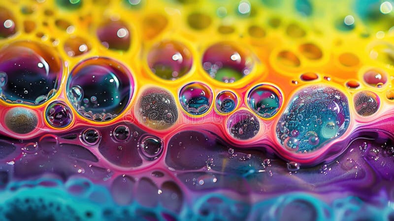 Close-up View of Water Bubbles Showcasing Vibrant Colors on a Textured ...