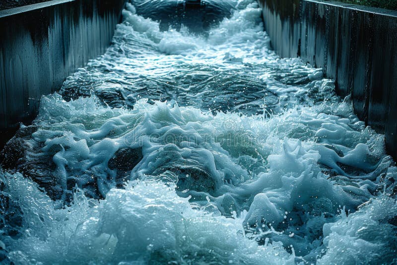 A Close-up View of Water Rushing through a Hydro Power Station Spillway ...