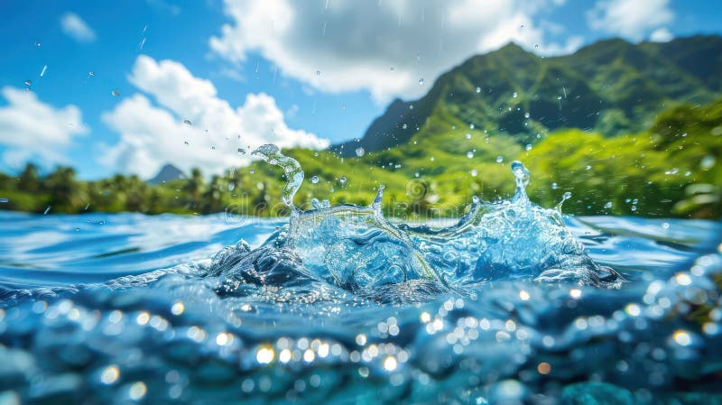 Refreshing Ocean Splash Against Tropical Mountain Background Stock ...