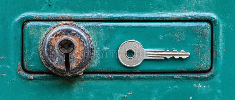 A Close-up View of a Weathered Locker Lock, Showcasing a Key Inserted ...