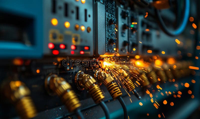 Close-up View of Welding Cables and Connectors Showcasing Sparks during ...