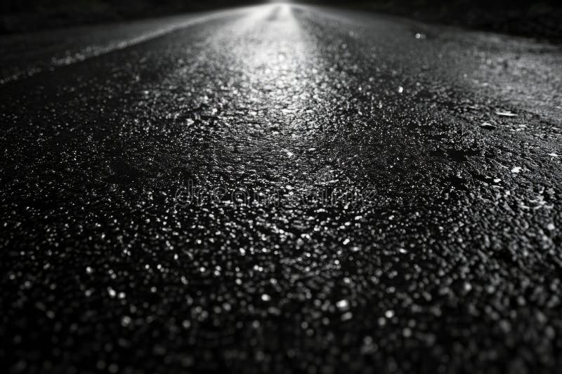 Close-up View of Wet Asphalt Road Reflecting Light at Night, Creating a ...
