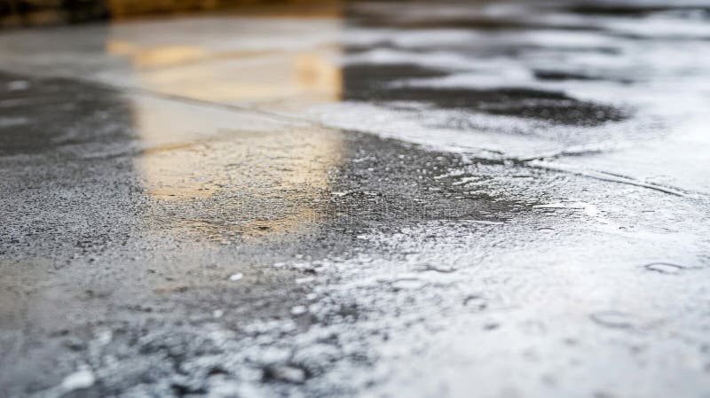 A Close-Up View of a Wet, Grey, Concrete Surface with Water Droplets ...