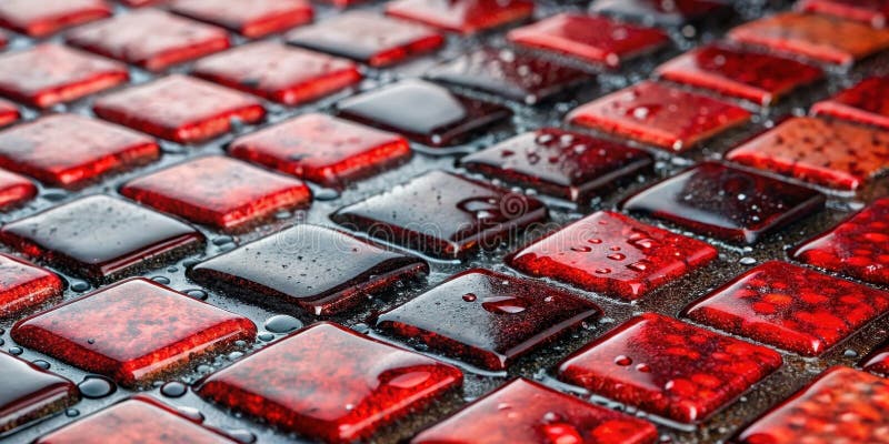 Close-up View of a Wet, Red and Dark Tile Mosaic Surface. Generative AI Stock Illustration ...