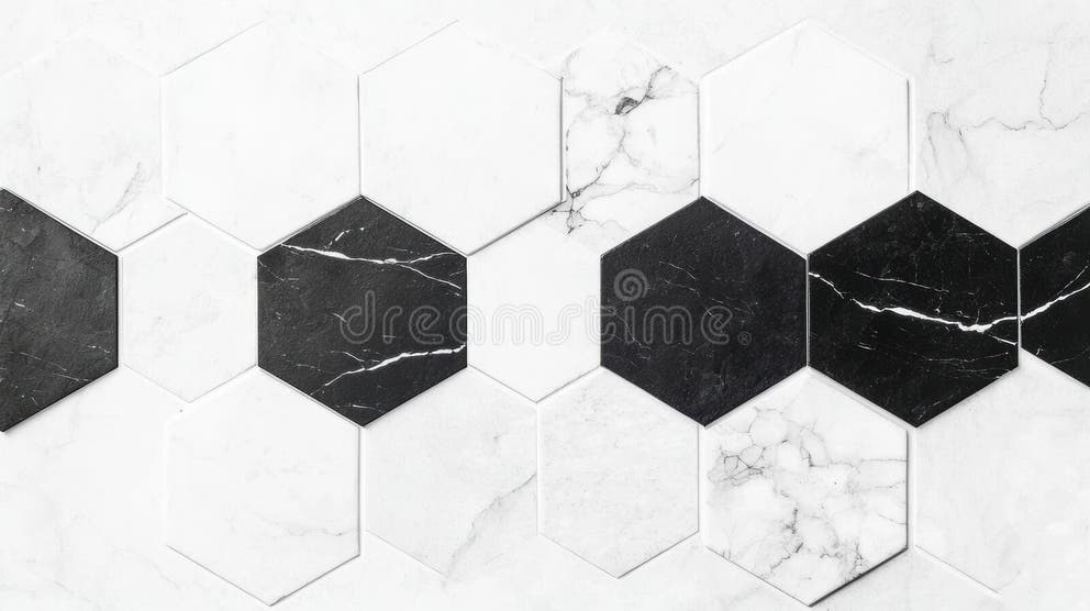 A Close-up View of a White Marble Tile Floor with Black Hexagonal Tiles ...
