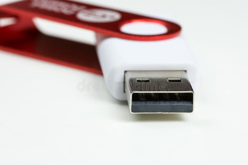 Close-up View of a White USB Flash Drive Connector with Red Cap Stock ...