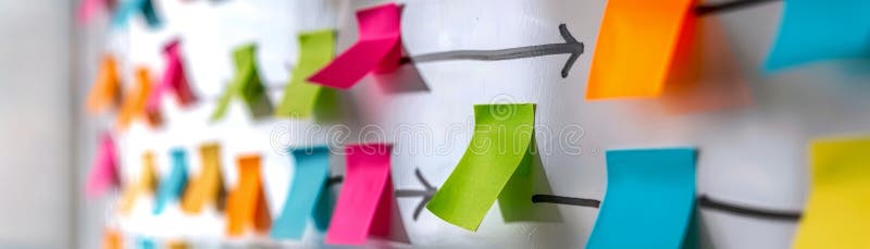 Colorful Sticky Notes on Whiteboard with Arrows for Workflow Process ...