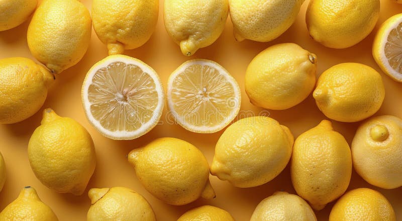 Close Up View of Whole and Sliced Lemons on a Yellow Background Stock ...