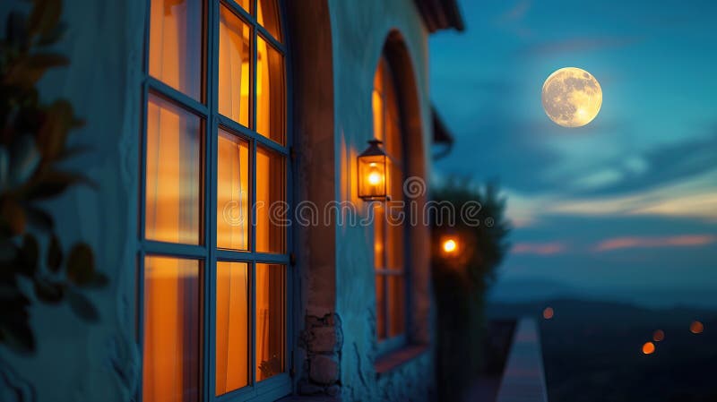 A Close-up View of a Window with a Warm Light Inside, a Lantern on the ...