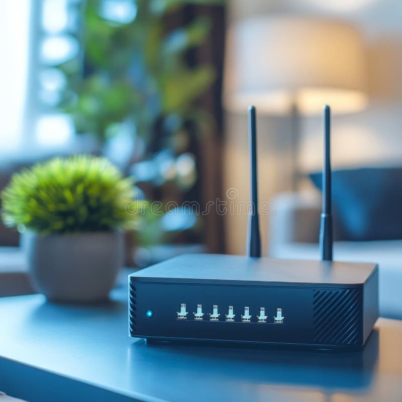 Close-up View of Wireless Router on Blue Table in Living Room Stock ...
