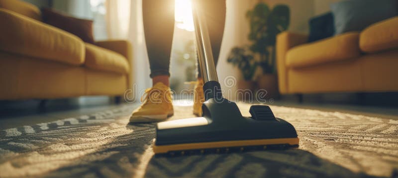 Close Up View of a Woman Using a Vacuum Cleaner To Thoroughly Clean the ...