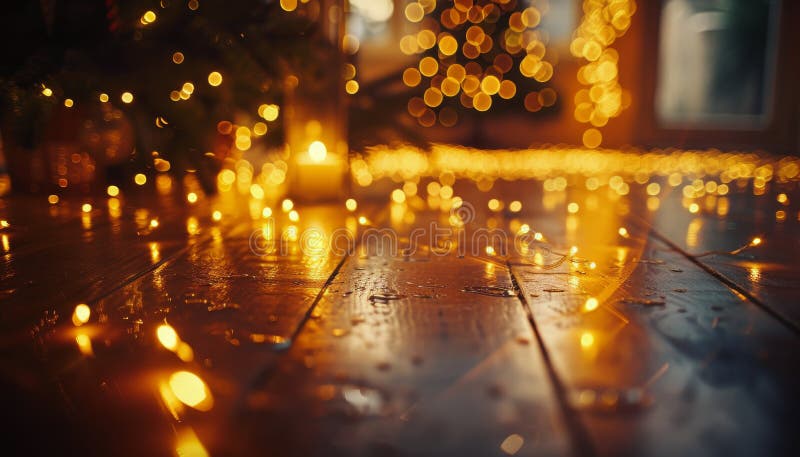 Close-Up View of String Lights on Wooden Floor with Out-of-Focus ...