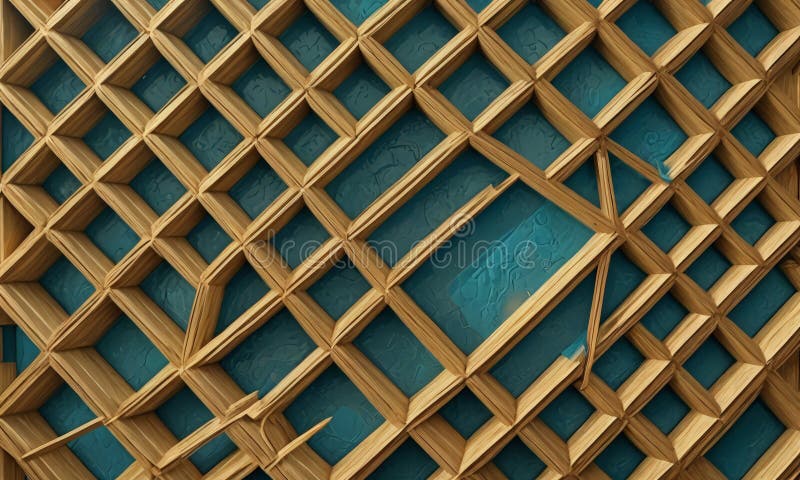 Close-up View Wooden Lattice Structure with Blue Background, Featuring ...