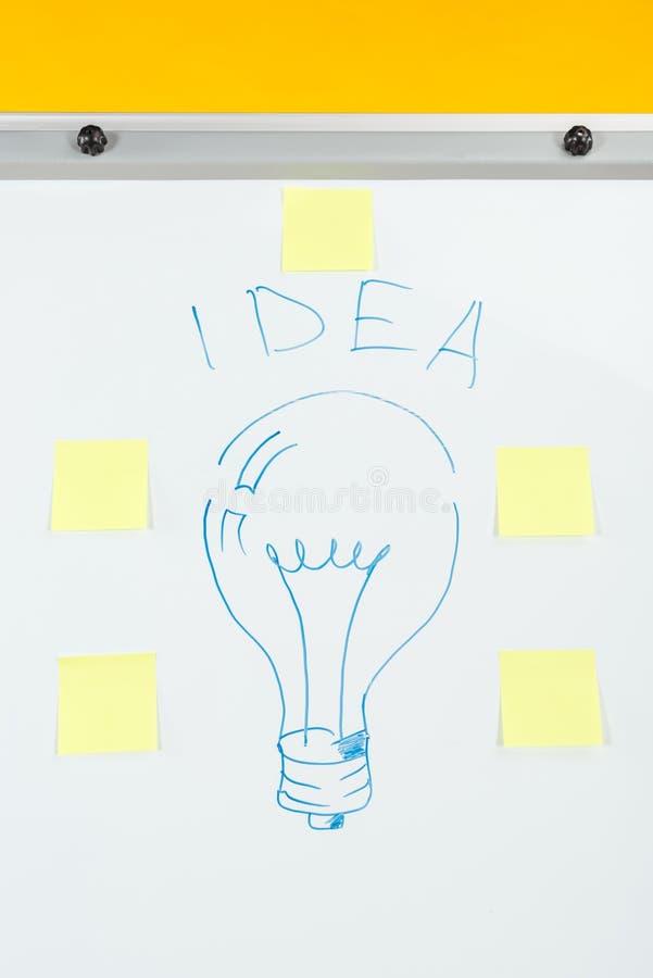 Close Up View of Word Idea and Light Bulb Drawn with Stickers on White ...