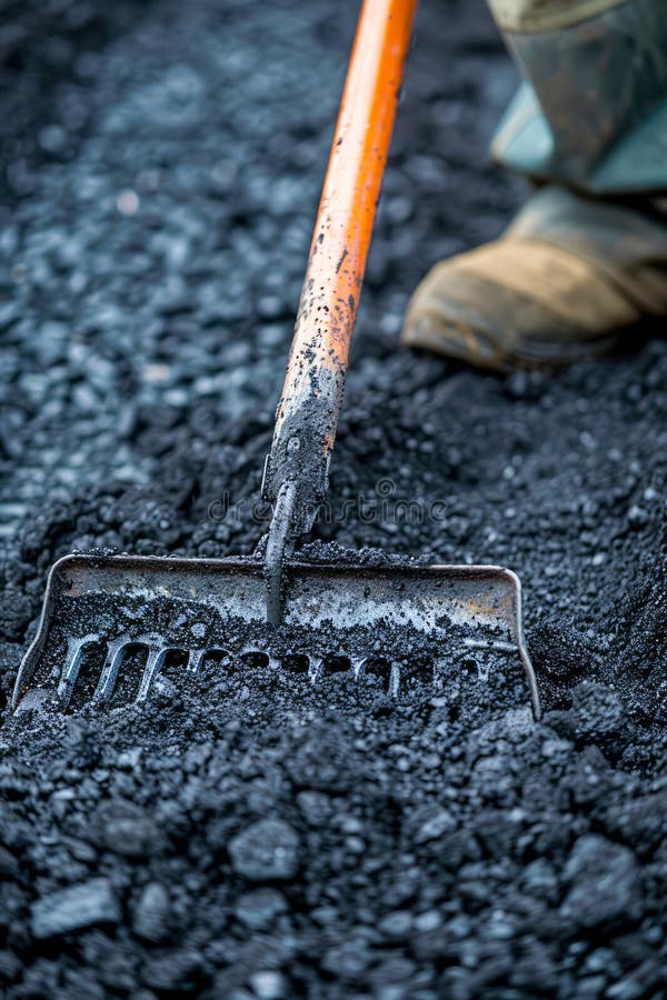 Close Up View of Worker Leveling Asphalt with Rake during Road ...