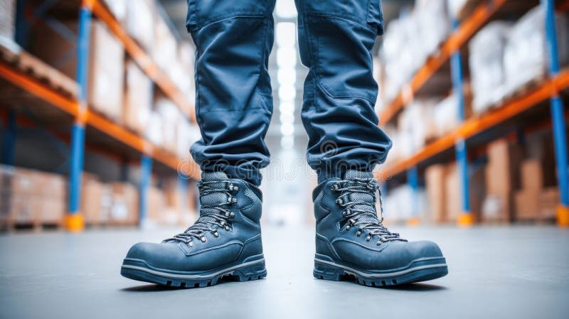 Close-up View of Worker S Boots Standing in Front of Warehouse Shelves ...