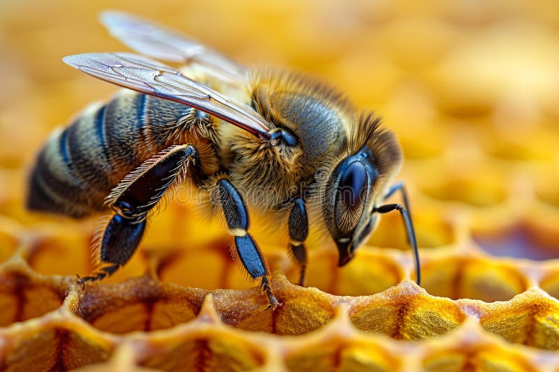 Close Up View of the Working Bee on Honeycells. Bee on Honeycomb Stock ...