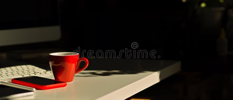 Worktable with Coffee Mug, Smartphone and Computer Stock Image - Image ...
