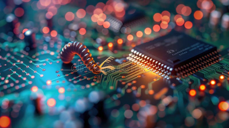 Close Up View of a Worm Crawling on a Computer Electronic Circuit Board ... Close Up View of a Worm Crawling on a Computer Electronic Circuit Board ...
