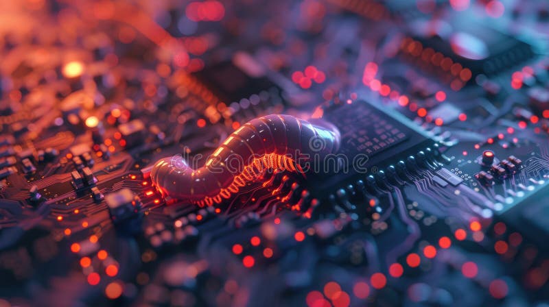 Close Up View of a Worm Crawling on a Computer Electronic Circuit Board ...