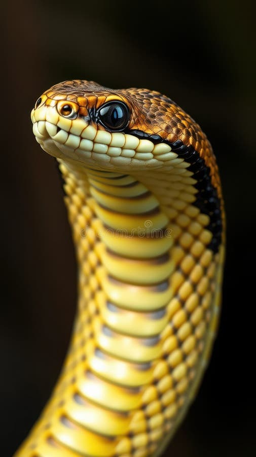 Close-up View of a Yellow and Black Patterned Snake with Raised Head in ...