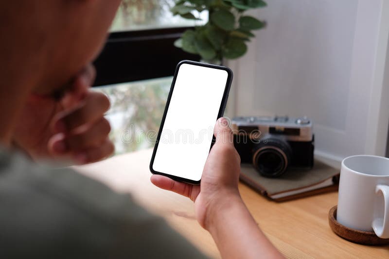 Close Up View Young Man Holding Smart Phone with White Screen Stock ...