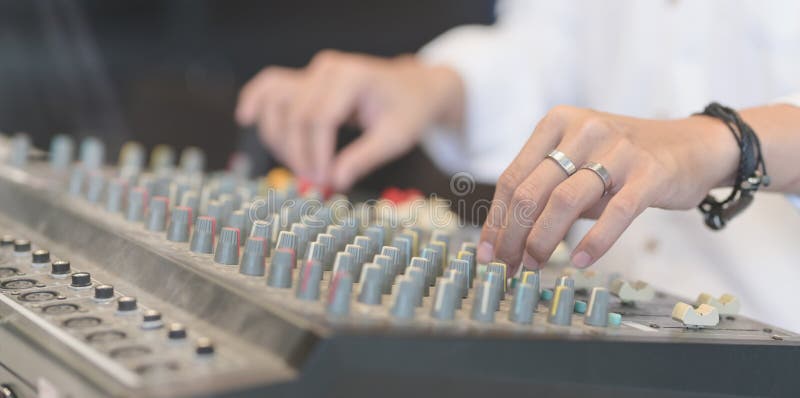 Close-up View of Young Man Setting Up the Digital Mixer Stock Photo ...
