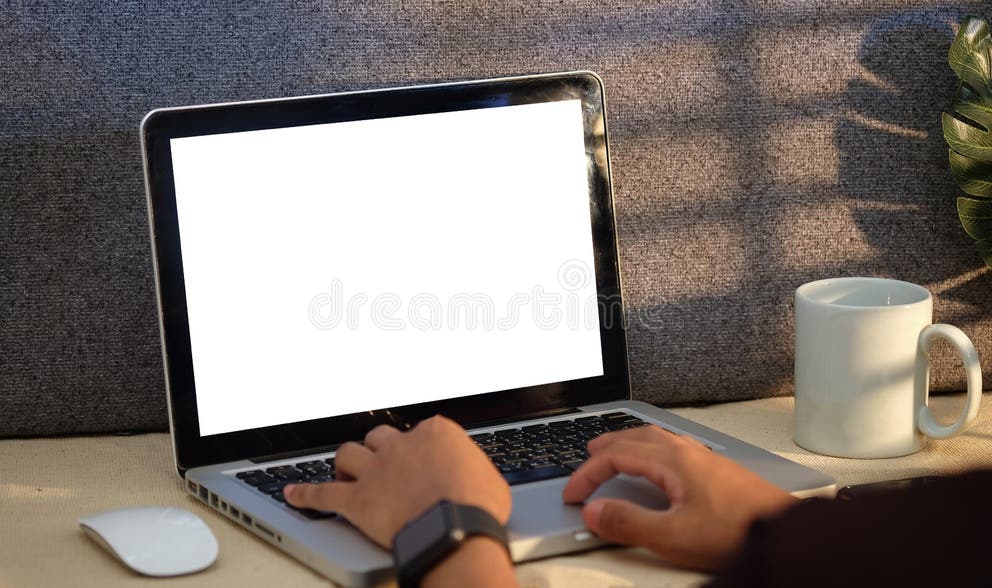 Close Up View Young Man Using Computer Laptop on Wooden Table Stock ...