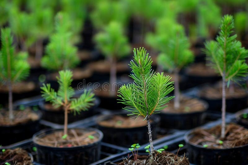 Young Pine Trees Growing in Pots at a Tree Nursery Stock Illustration ...