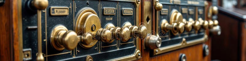 Close-up of Vintage Brass Control Panel with Intricate Dials and Knobs ...