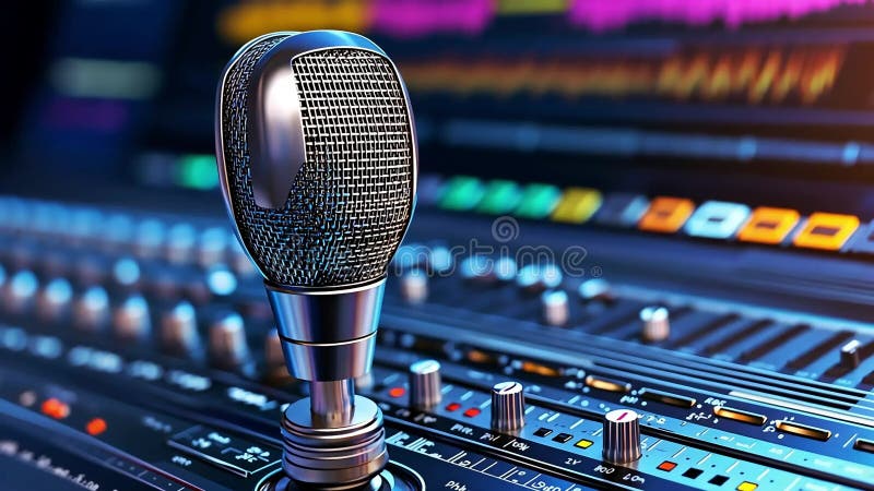 Close-up of a Vintage Microphone on a Mixing Console with Illuminated ...