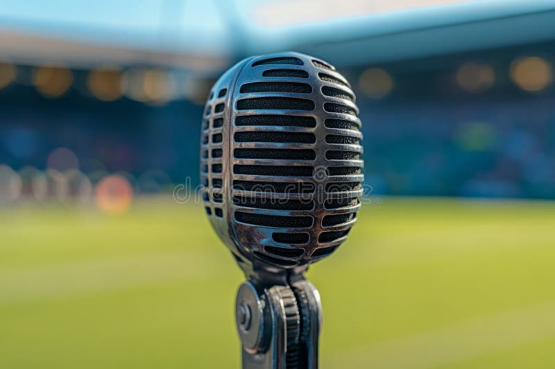 Close-up of a Vintage Microphone in a Stadium, Ready for a Sporting ...