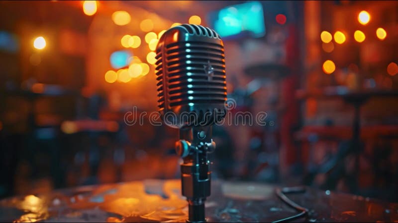 A Close-up of a Vintage Microphone on a Stage with Warm Lighting Stock ...