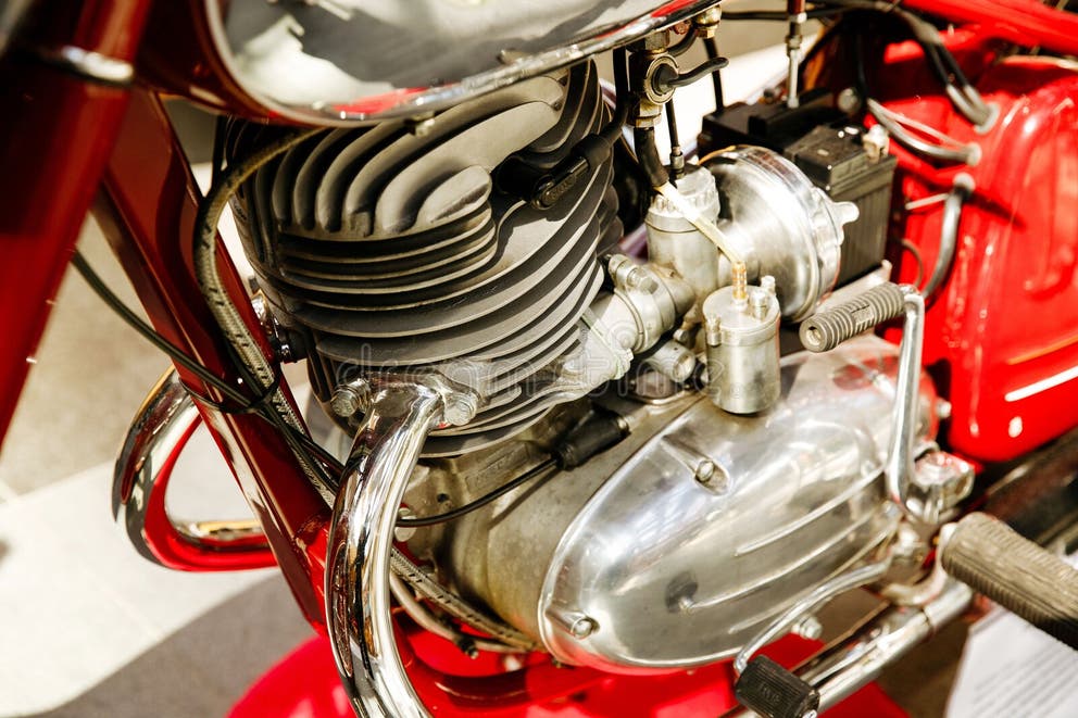 Close-up of Vintage Motorcycle Engine in Red Frame with Chrome ...