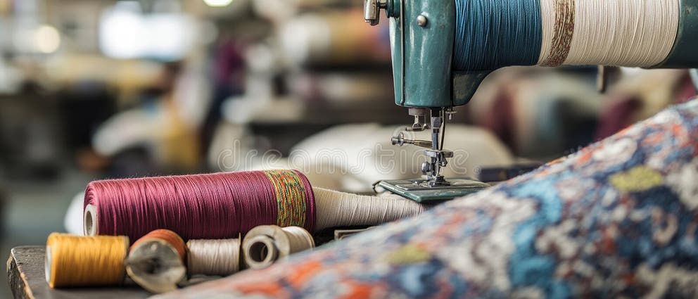 "VINTAGE SEWING MACHINE with THREAD and FABRIC" Stock Illustration ...