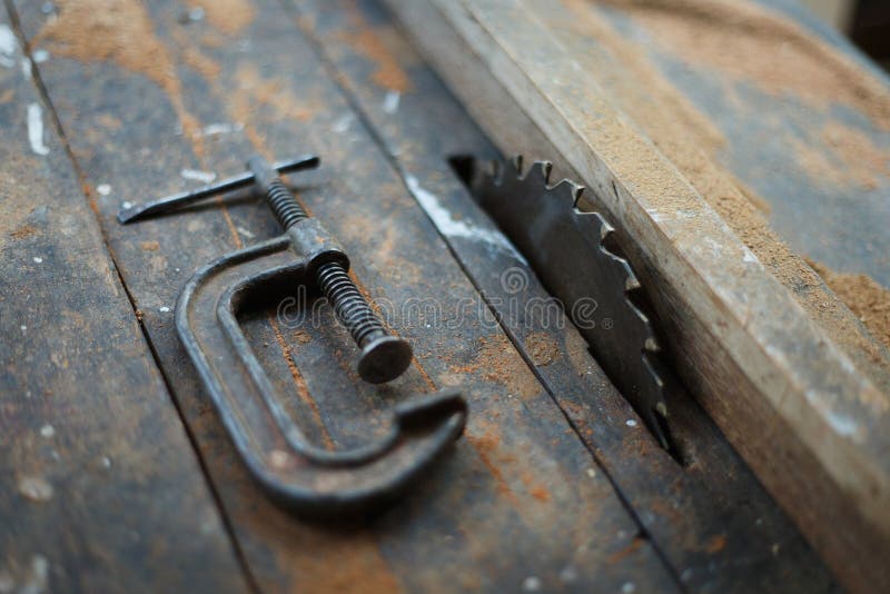 Close Up Vintage Table Saw and C Clamp Stock Photo - Image of cutter ...