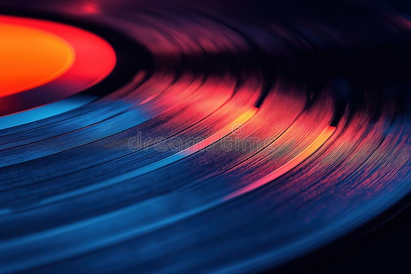 Vinyl Record Grooves Reflecting Red and Blue Light Creating Abstract ...