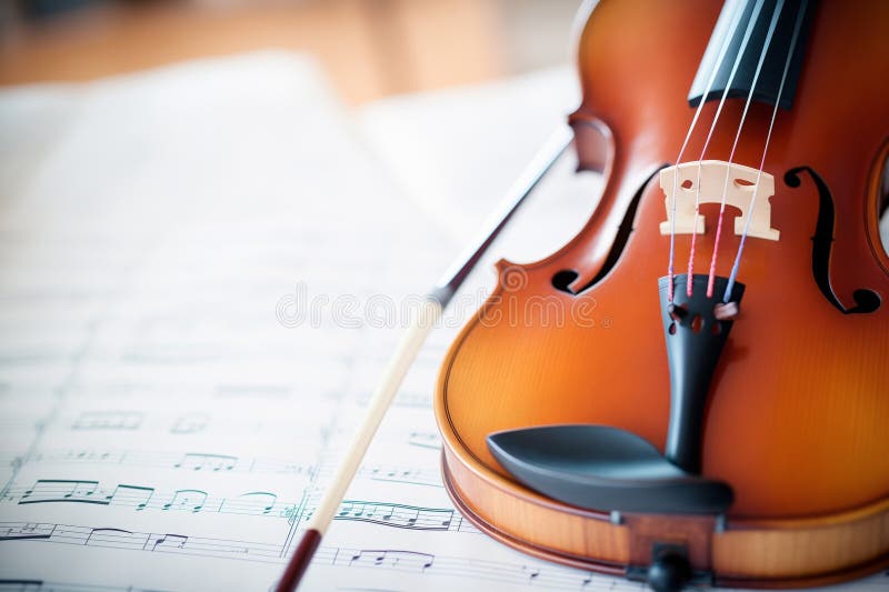 Close-up of Violin and Bow on a Music Sheet Stock Photo - Image of ...