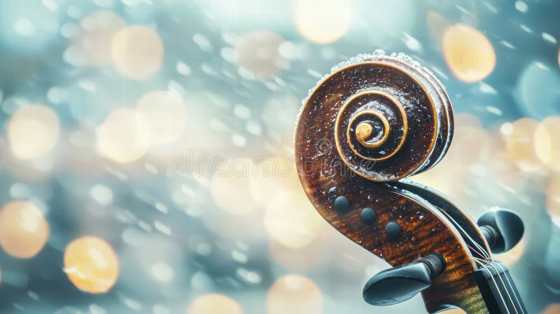 Close-Up of Violin Scroll with Bokeh and Soft Snowfall Background Stock ...
