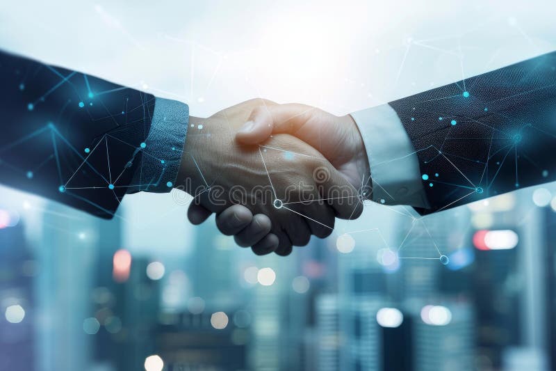 Digital Handshake Against Cityscape Background Stock Image - Image of ...