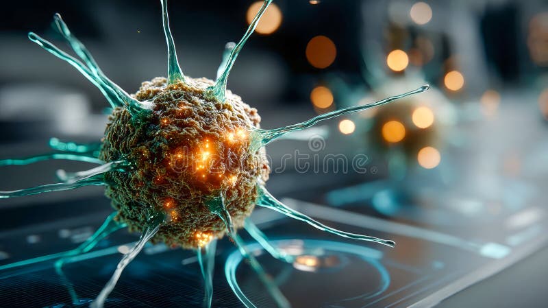 Close-up of a Viral Cell Rendered in Neon Blue with Pulsating Energy ...