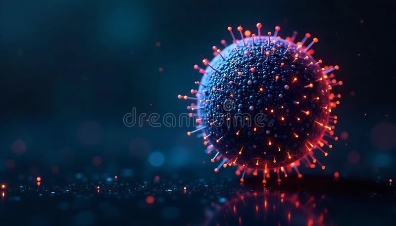 Close Up of a Virus Cell with Spikes on a Dark Blue Background with a ...