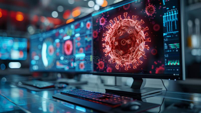 Close-up of a Virus on a Computer Screen in a High-tech Lab, Depicting ...