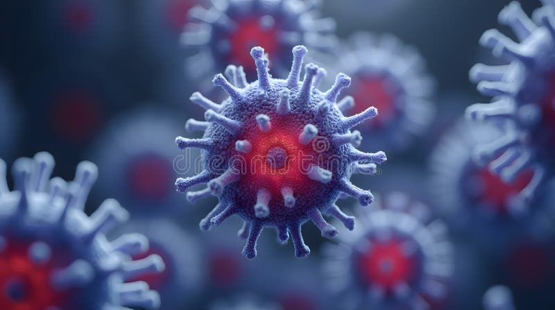 Close-up of a Virus Particle with Red Core and Spiked Surface in Blue ...