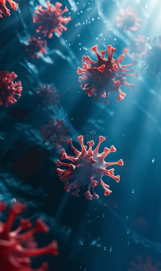 Close-up of Virus Particles Floating in Microscopic View, Colored in ...