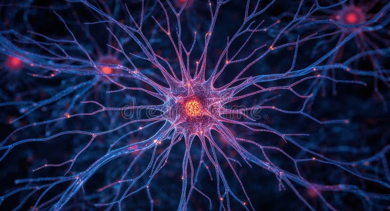Glowing Nerve Cell Blue Background Abstract Medical Illustration Neuron ...