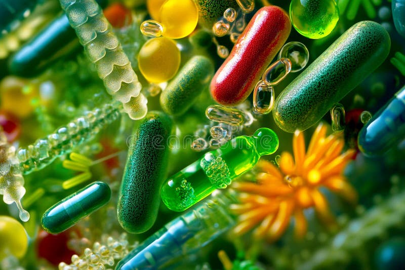 Close-up Visualization of Gut Microbiome with Green Tones, Illustrating ...