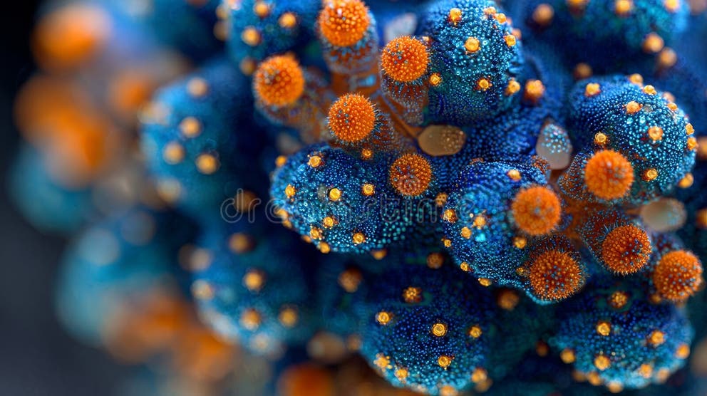 Close Up Visualization of a Virus Featuring a Vivid Blue and Orange ...